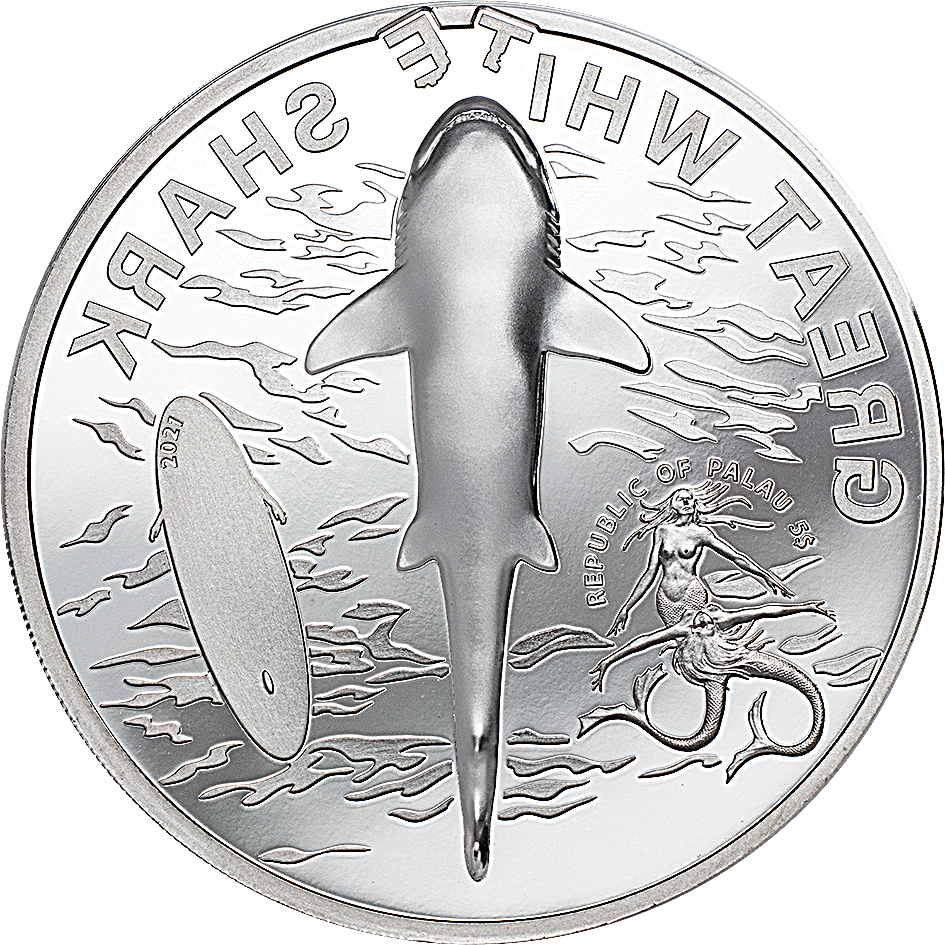 Great White Shark, Veľký biely žralok strieborná minca 1 oz Proof ...
